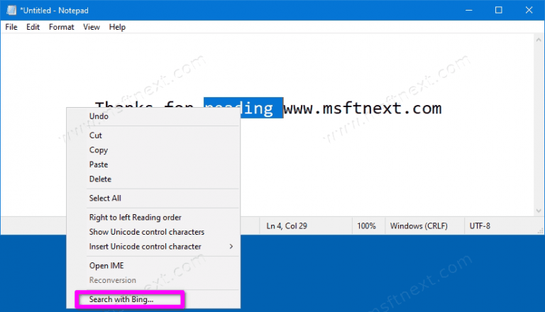 How to Search with Bing from Notepad in Windows 10