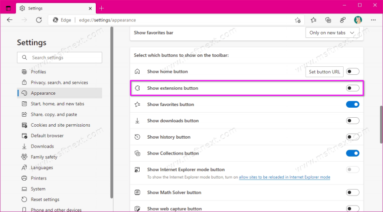 How to add or remove Extensions Button in Microsoft Edge