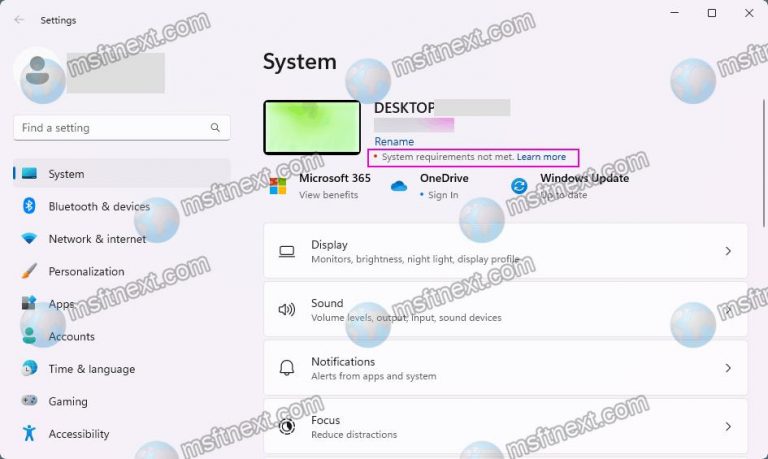 How to remove System requirements not met message from Desktop and Settings